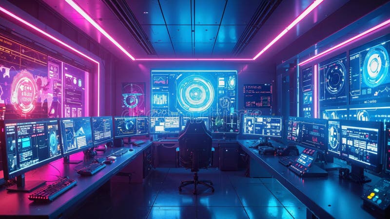 High Tech Control Room Displaying Complex Data Visualizations on Multiple Screens. Stock Footage ...