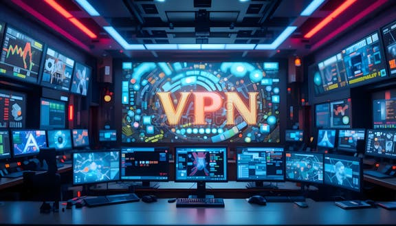 High-Tech Control Room Displaying VPN Technology with Multiple Screens ...