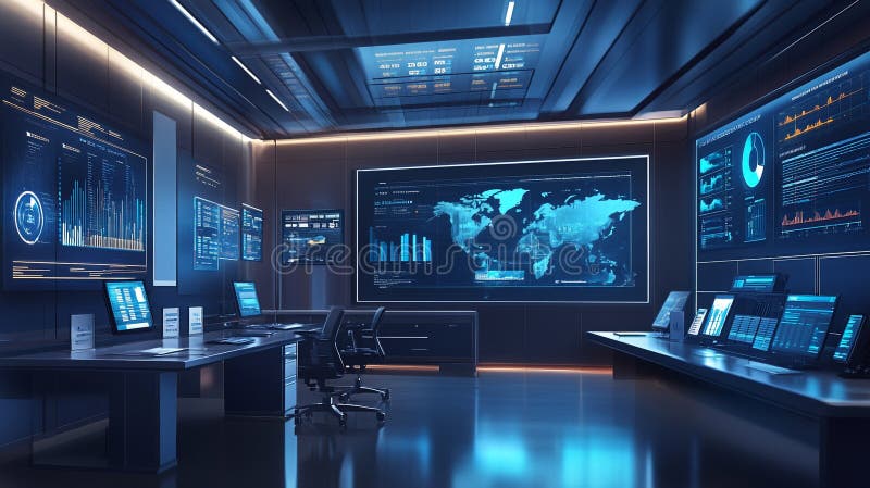 Modern Control Room for Data Analysis and Monitoring at Nighttime Stock Illustration ...