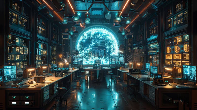 Futuristic Control Room with Holographic Earth Display Stock Photo ...