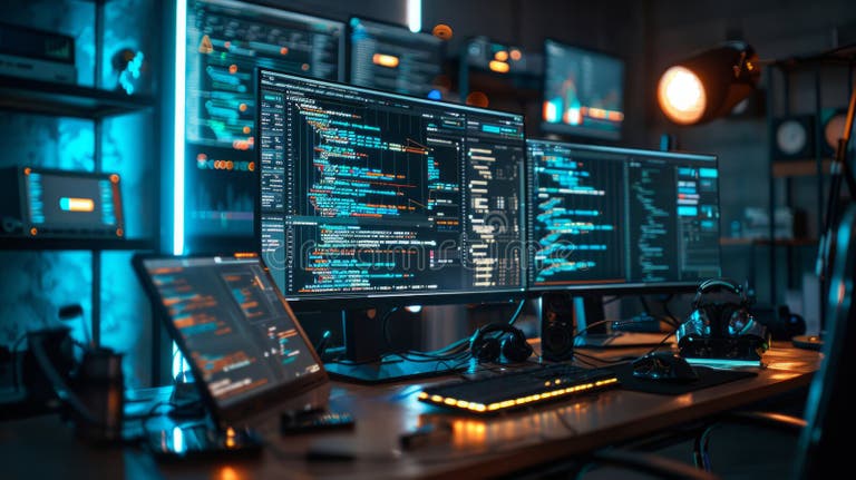 A High-tech Control Room Featuring Multiple Computer Monitors Displaying Lines of Code and Data ...