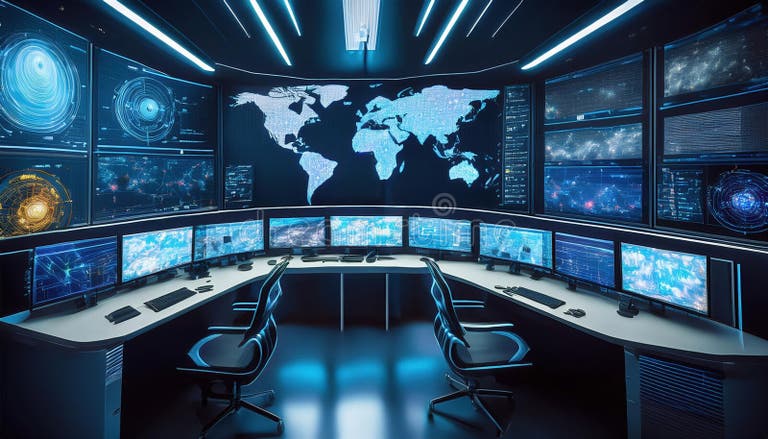 High-tech Control Room Featuring Multiple Screens Displaying Maps and Data Visualizations in a ...