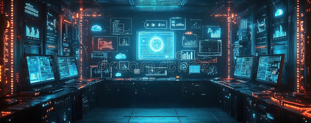 Futuristic Technology Control Center with Cloud Computing Holograms and ...