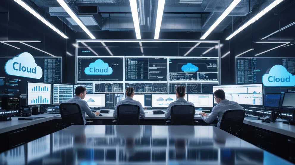 Cloud Computing Control Room with Technicians Monitoring Data and ...