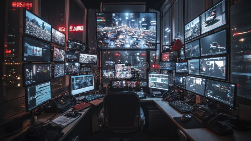 Immersive Control Center with Multiple Screens Showcasing Chaotic City Traffic at Night ...