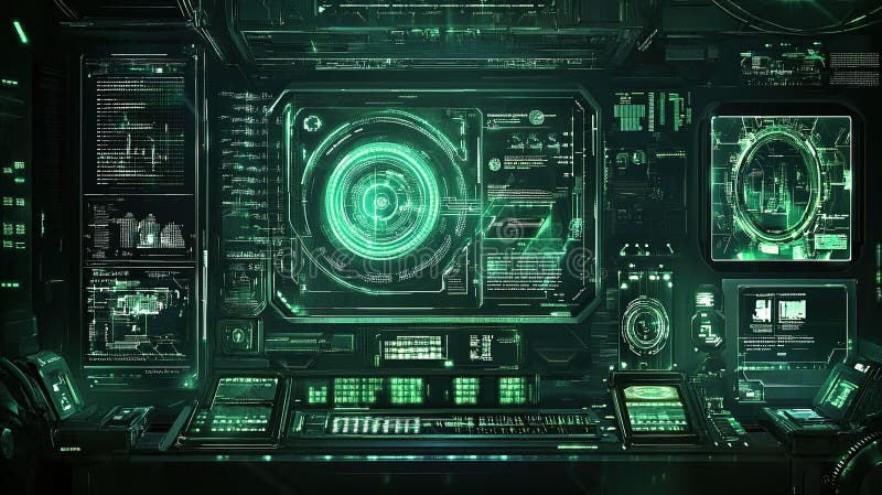 High-tech Control Room with Glowing Green Interfaces and Displays ...