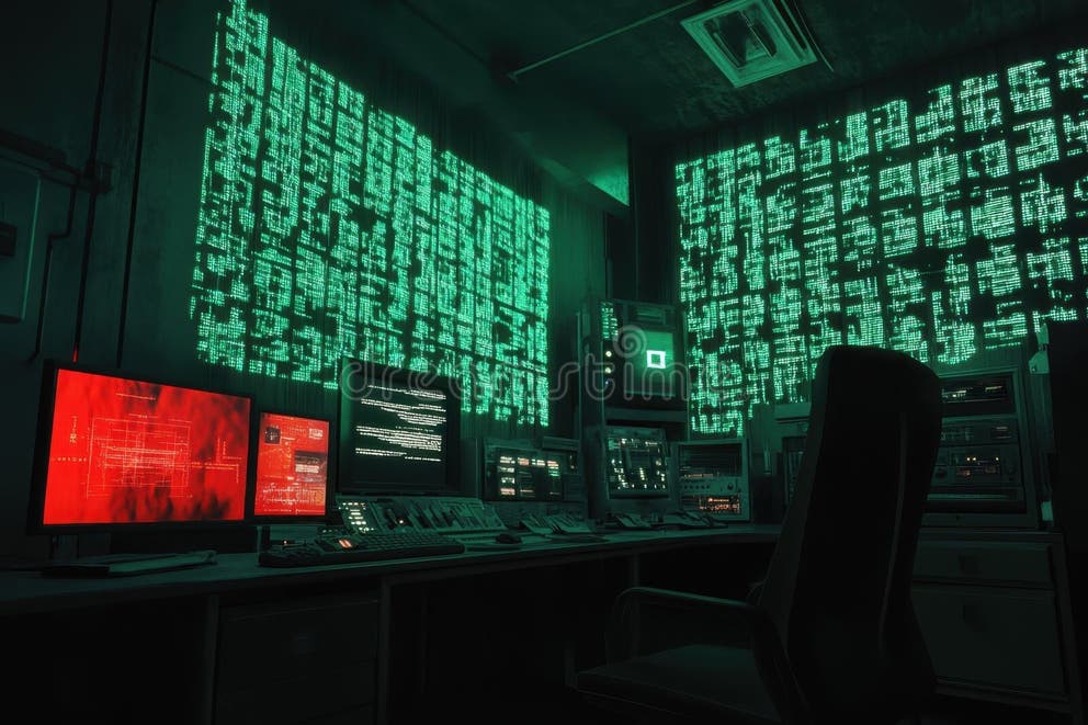 High-tech Control Room Illuminated by Green and Red Displays Showcasing ...
