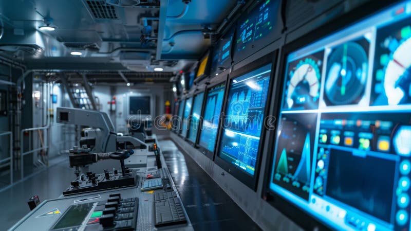 High-Tech Control Room Monitors Displaying Data on a Naval Vessel at ... High-Tech Control Room Monitors Displaying Data on a Naval Vessel at ...