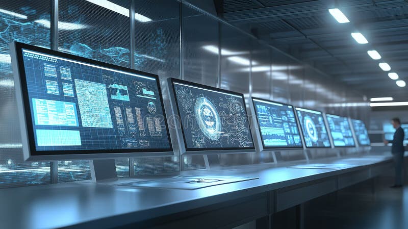 High-tech Control Room with Multiple Computer Monitors Displaying Data ...
