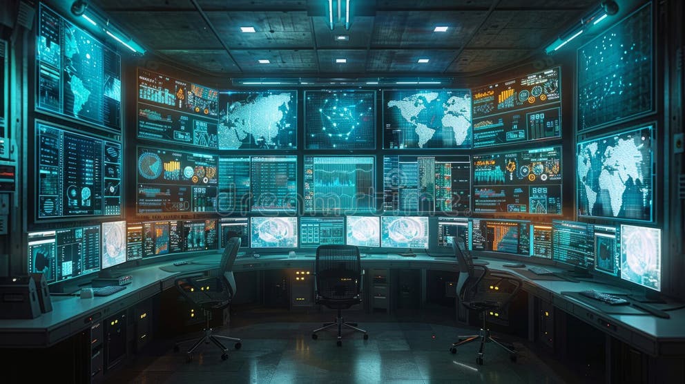 High-tech Control Room with Multiple Computer Monitors Displaying Maps and Data Analysis. the ...