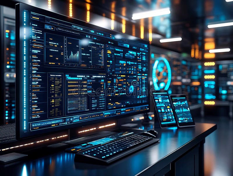 A High Tech Control Room With Multiple Computer Monitors Displaying Schematics Or Data