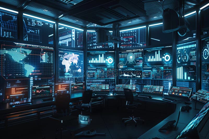 A Hightech Control Room with Multiple Dashboard Screens Displaying Realtime Data Analytics ...