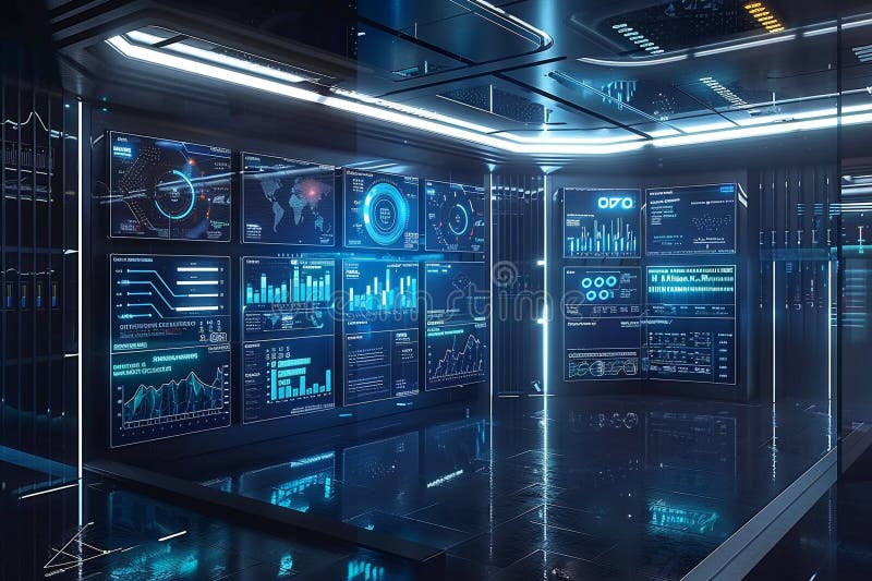 A Hightech Control Room with Multiple Dashboard Screens Displaying Realtime Data Analytics ...