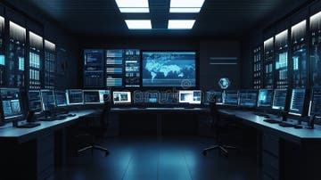 High-tech Control Room with Multiple Monitors Displaying Data Analytics and Global Maps during ...