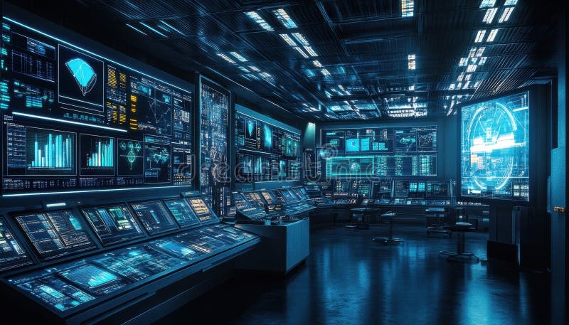 High-tech Control Room with Multiple Screens Displaying Data and ... High-tech Control Room with Multiple Screens Displaying Data and ...
