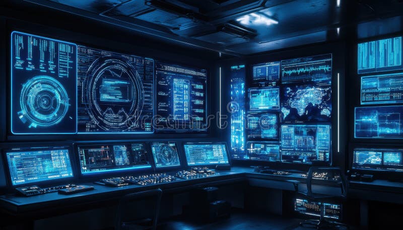 High-tech Control Room with Multiple Screens Displaying Data and ... High-tech Control Room with Multiple Screens Displaying Data and ...