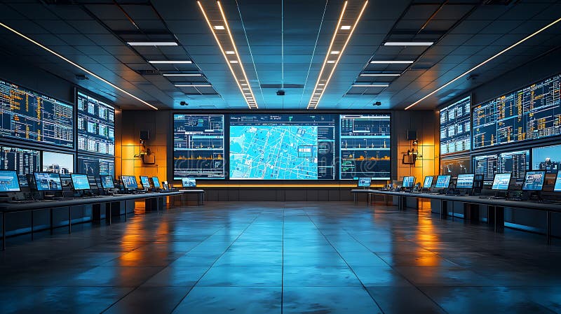 High Tech Control Room with Multiple Screens Displaying Data and Maps ... High Tech Control Room with Multiple Screens Displaying Data and Maps ...