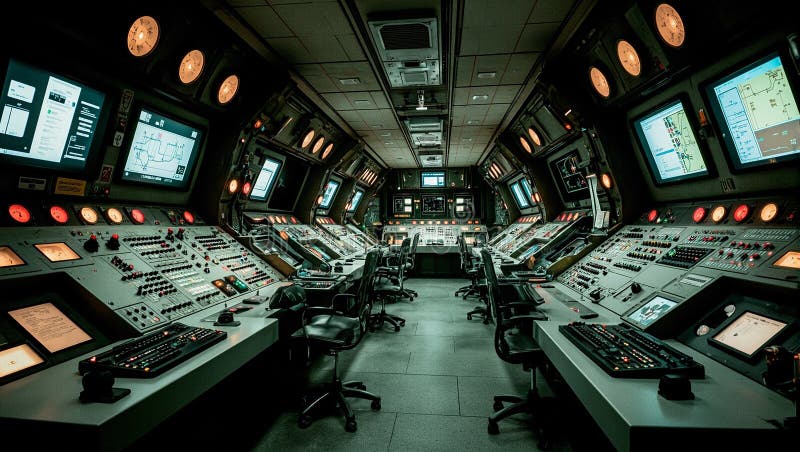 High Tech Control Room in Nuclear Power Plant Rows of Buttons Glowing ...