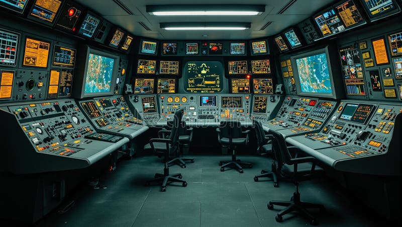 High Tech Control Room in Nuclear Power Plant Rows of Buttons Glowing ...