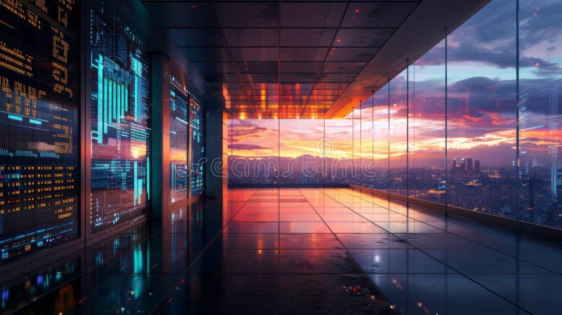 High Tech Control Room Overlooking a Digital Cityscape at Sunset with ...