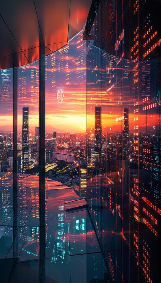 High Tech Control Room Overlooking a Digital Skyline at Sunset with ...