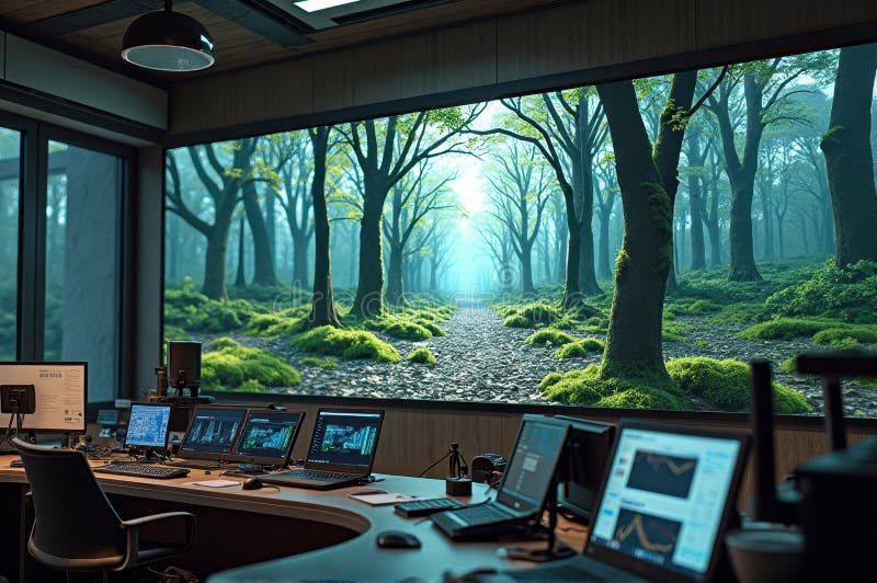 High-tech Control Room Overlooking Lush Forest Path through Large ...