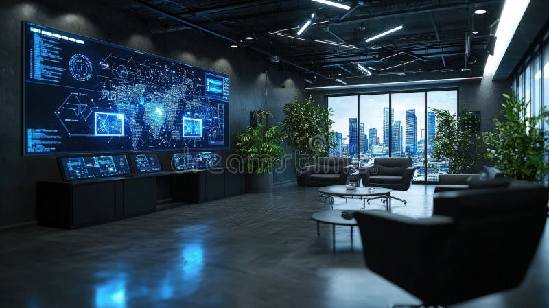 High-tech Control Room Overseeing Urban Office Systems with Digital ...
