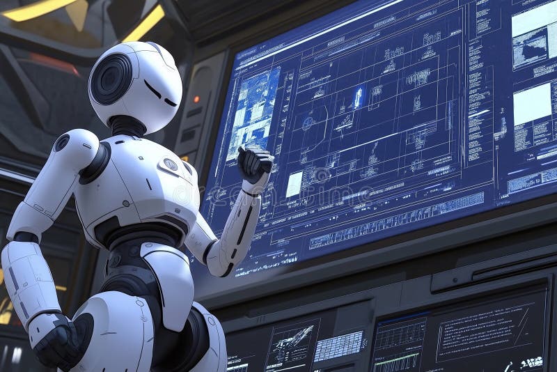 Robot Conducts Data Analysis in a Futuristic Control Room Filled with ...