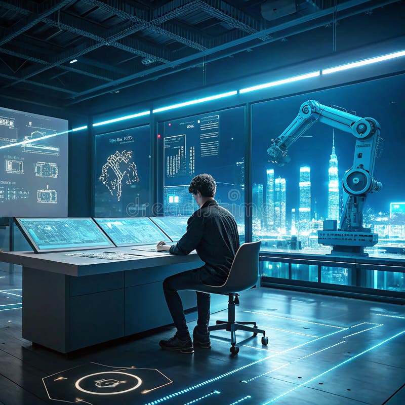 High-Tech Control Room with Robotic Arm and Futuristic Data Interface ...