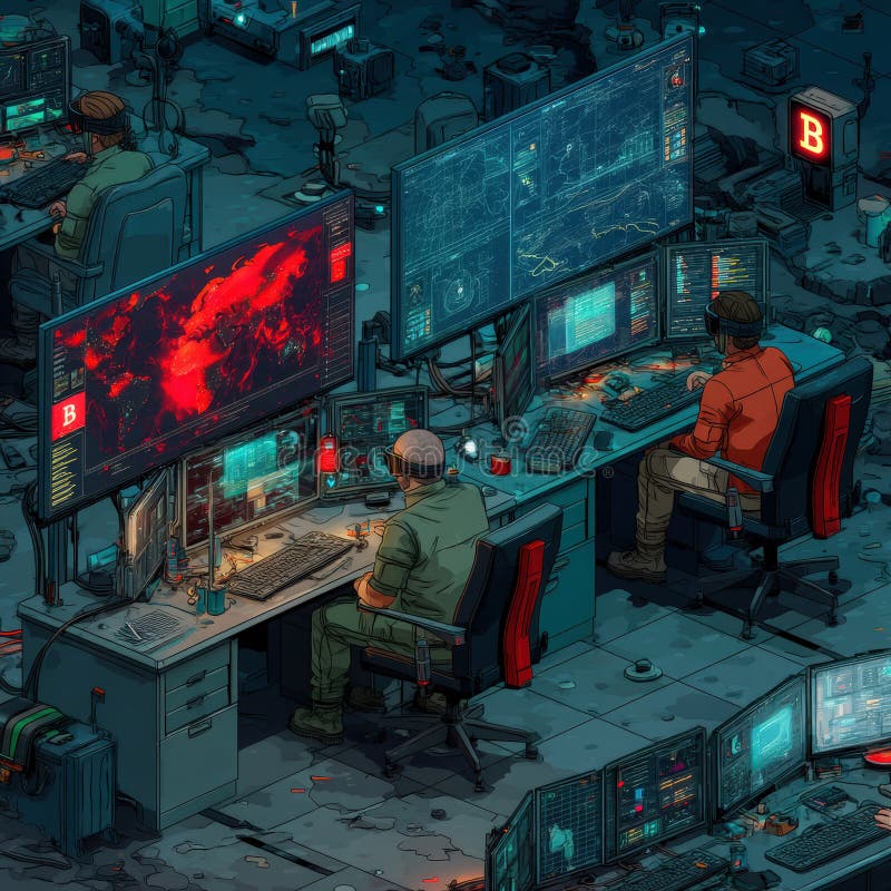 High-tech Control Room Scene Featuring Multiple Screens, Computers, and ...