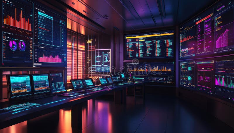 High-tech Control Room Showcasing Multiple Monitors Displaying Data ... High-tech Control Room Showcasing Multiple Monitors Displaying Data ...