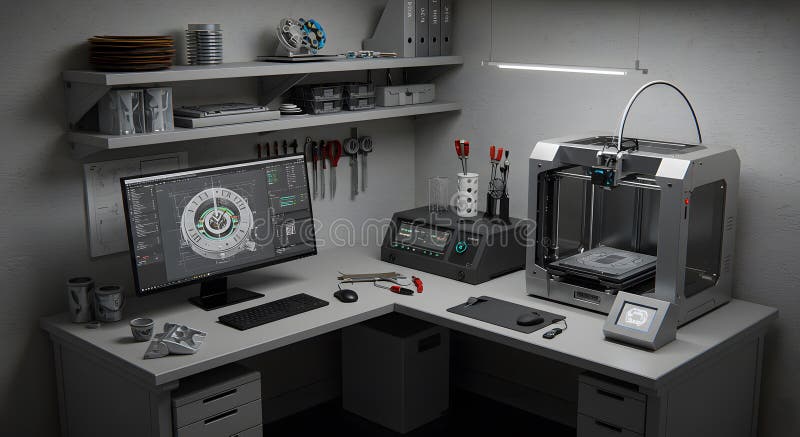 A High-tech Corner of an Office Featuring a 3D Printer in Action Stock ...
