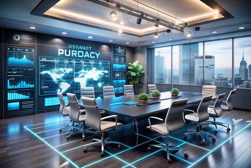 High Tech Corporate Conference Room Featuring Digital Dashboards, Data ...