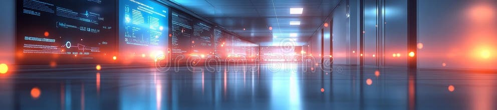 High-Tech Corridor with Data Visualizations and Futuristic Lighting ...