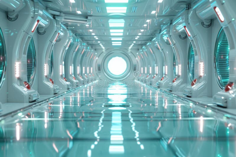 A High-tech Corridor in a Futuristic Facility with Reflective Surfaces ...