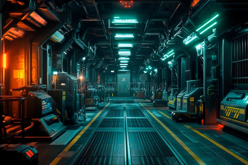 High-tech Corridor Illuminated by Vibrant Neon Lights in a Futuristic ...