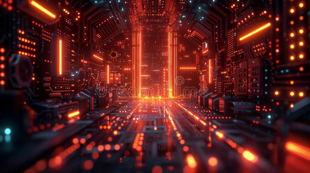 High-tech Corridor with Neon Lights and Circuitry - Generative Ai Stock ...