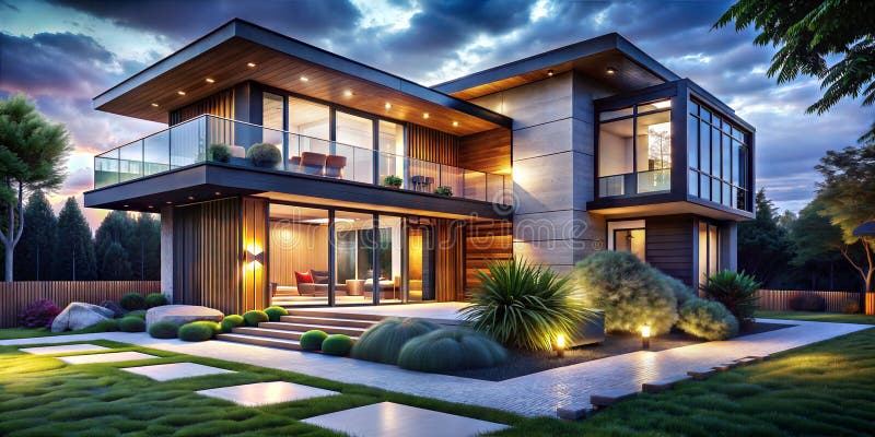 High-Tech Cottage with Large Windows, Lighting, and Expansive Green ...