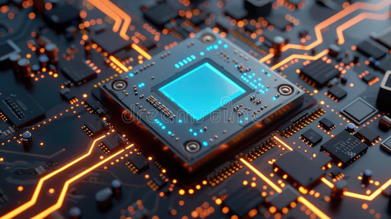 High-Tech CPU Circuitry: Blue-Lit Contacts on Motherboard Stock Image ...