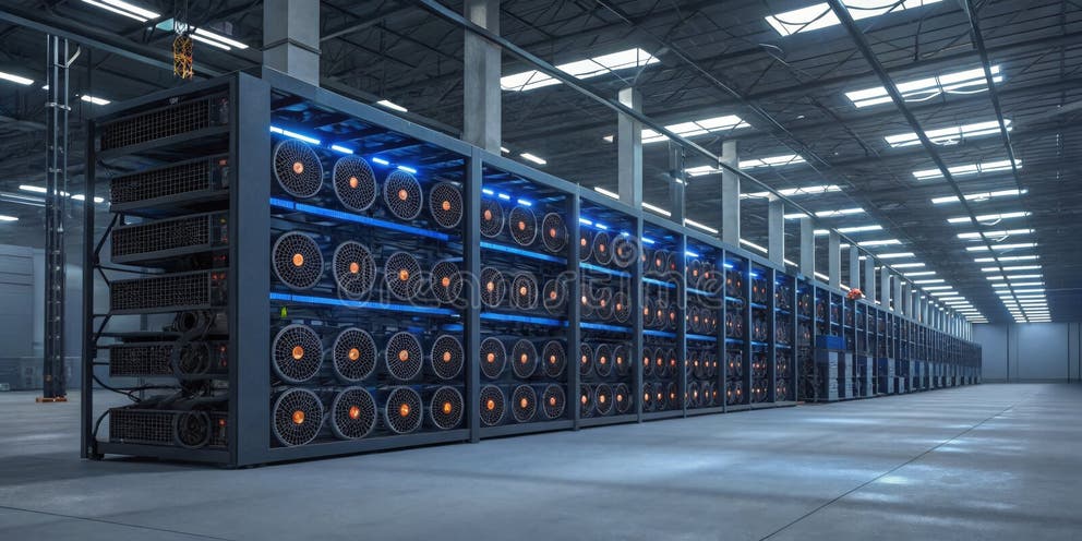 High-tech Cryptocurrency Mining Facility with Rows of Powerful Machines ...