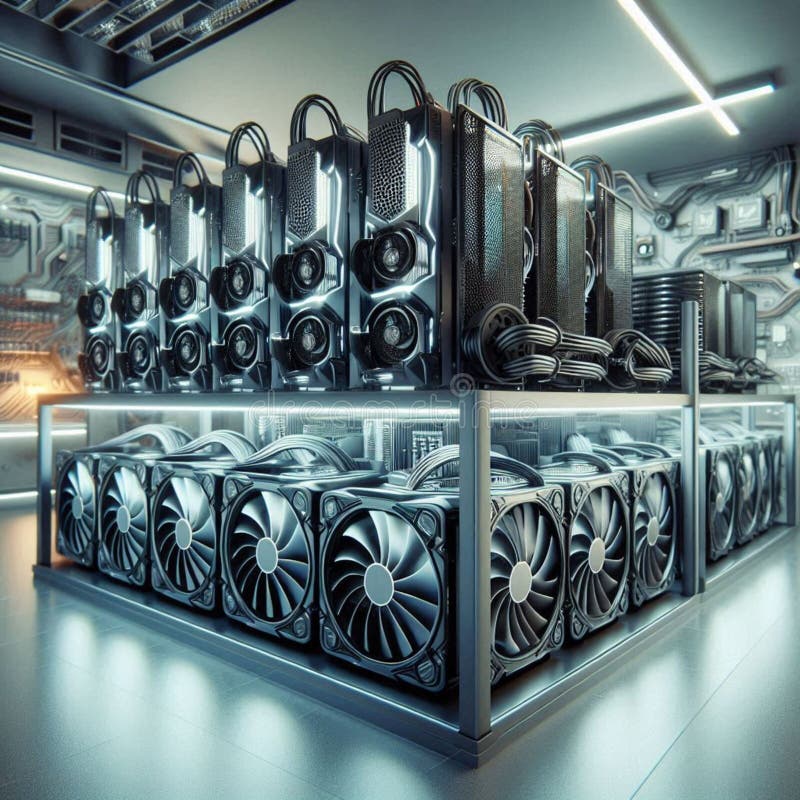 High-Tech Cryptocurrency Mining Rig Setup with GPUs and Cooling Systems ...