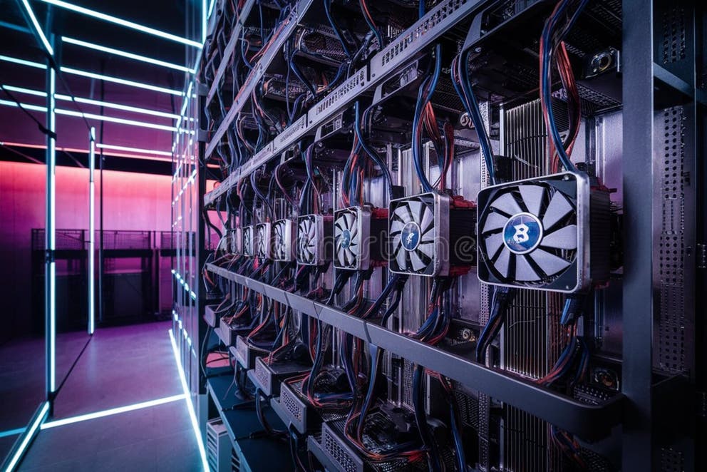 High-Tech Cryptocurrency Mining Rig Setup with GPUs and Cooling Systems ...