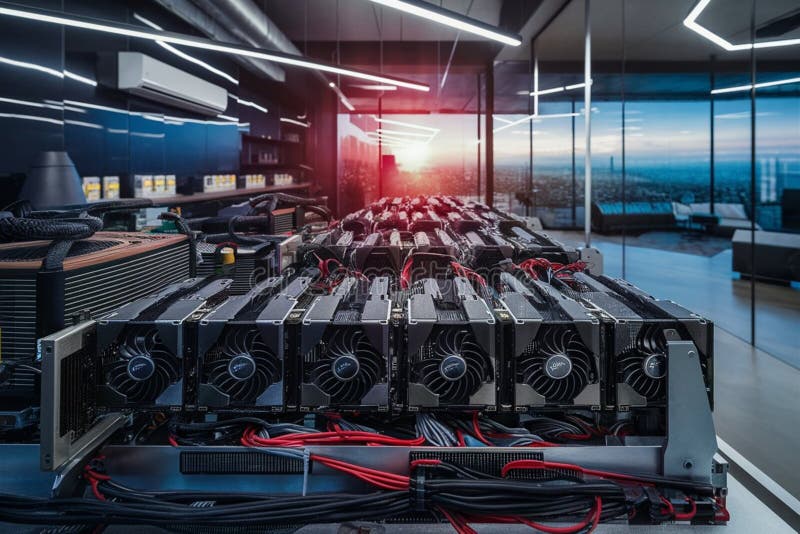 High-Tech Cryptocurrency Mining Rig Setup with GPUs and Cooling Systems ...