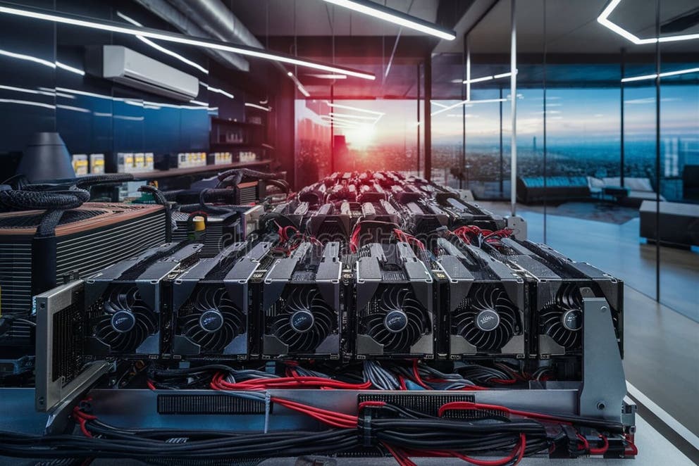 High-Tech Cryptocurrency Mining Rig Setup with GPUs and Cooling Systems ...