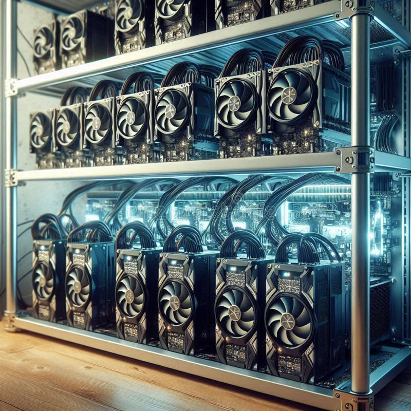 High-Tech Cryptocurrency Mining Rig Setup with GPUs and Cooling Systems ...