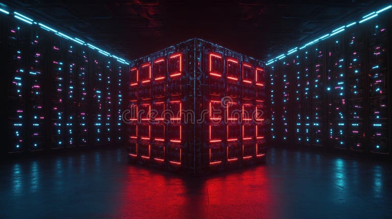 A High-tech Cube Illuminated with Red and Blue Neon Lights in a Dark ...