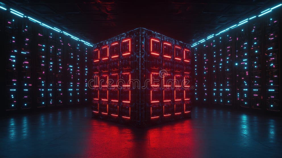 A High-tech Cube Illuminated with Red and Blue Neon Lights in a Dark ...