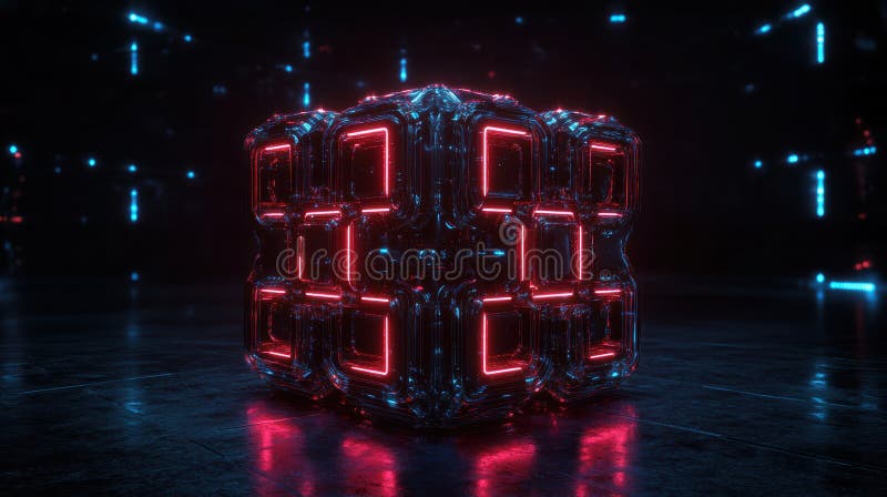 A High-tech Cube with Red and Blue Neon Lights in a Dark, Futuristic ...