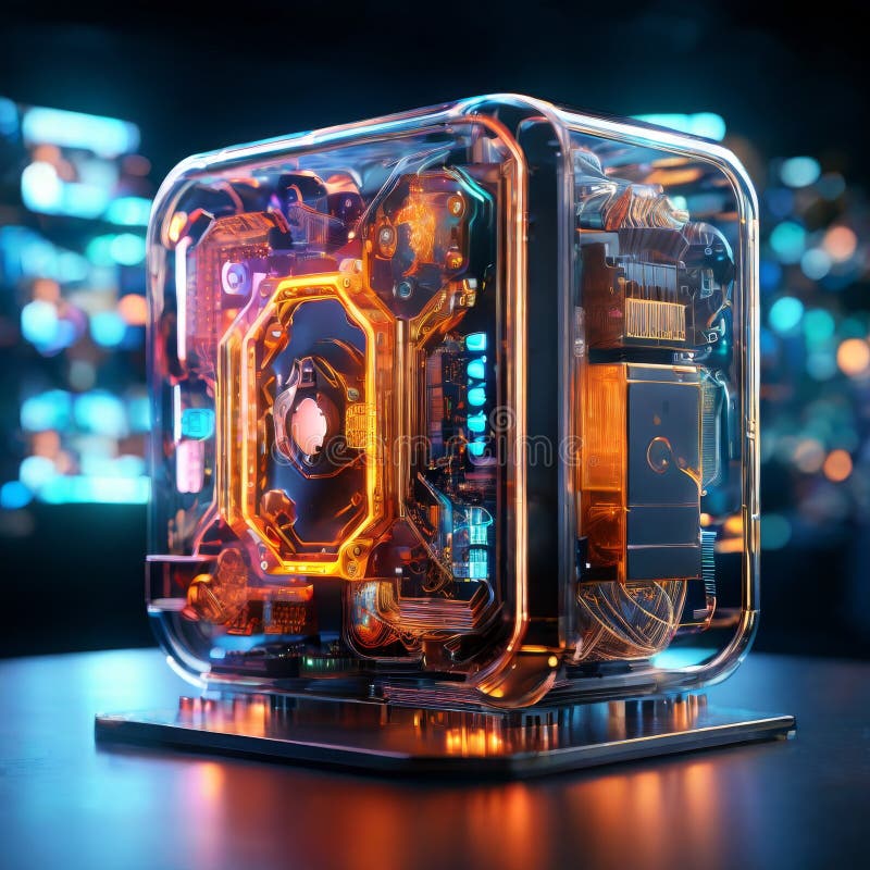 High-tech Cube-shaped Processor Glowing with Orange Lights Stock Photo ...