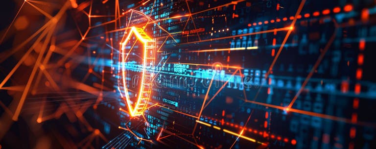 High-tech Cyber Security Background Featuring a Glowing Shield Icon, Binary Code, and Abstract ...